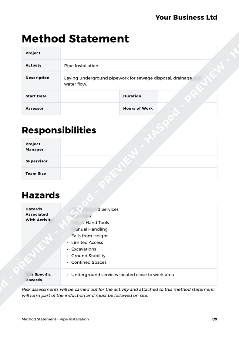 Pipe Installation Method Statement Template - HASpod