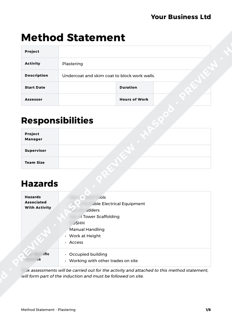 Plastering Method Statement Template - HASpod