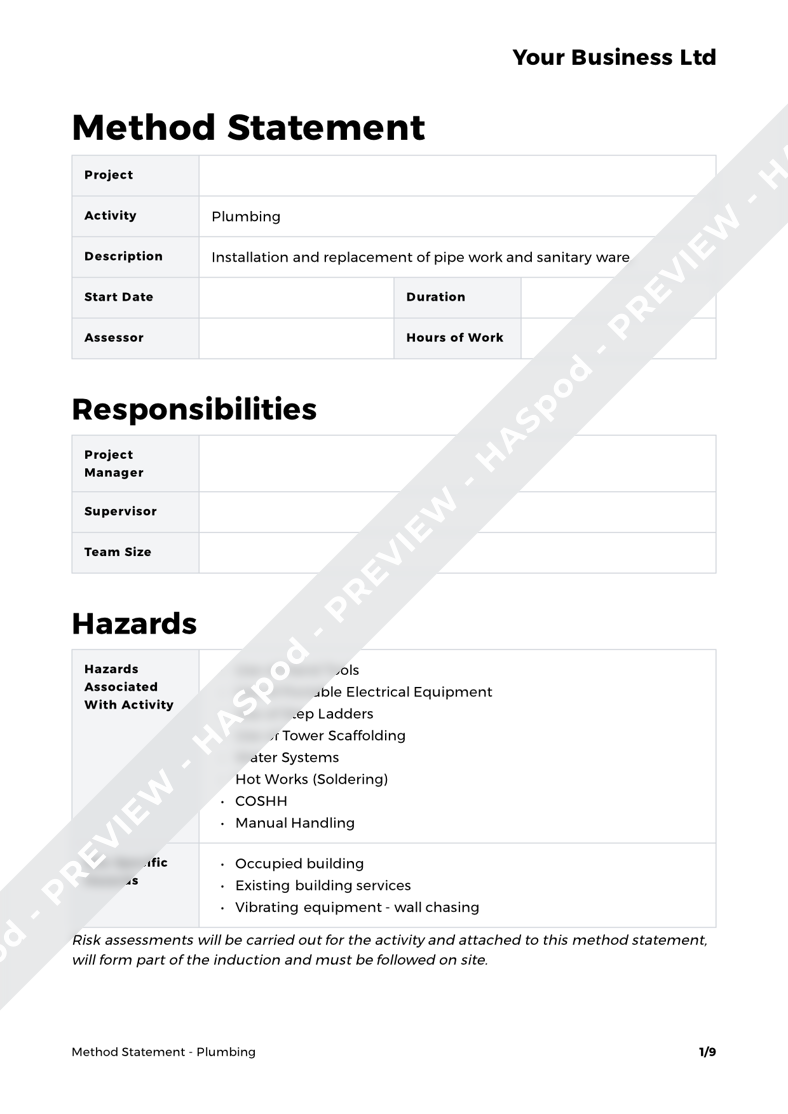 Plumbing Method Statement Template - HASpod