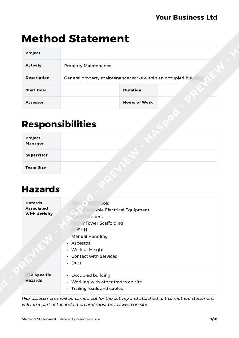 Property Maintenance Method Statement Template - HASpod