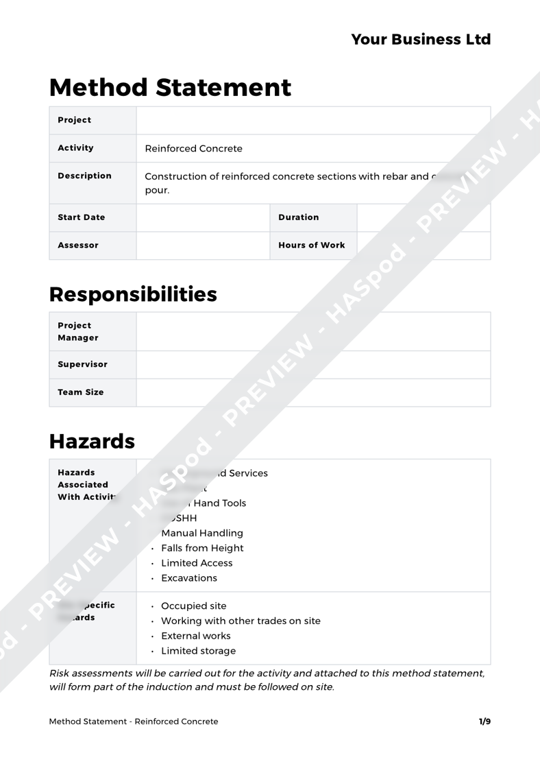 Reinforced Concrete Method Statement Template - HASpod