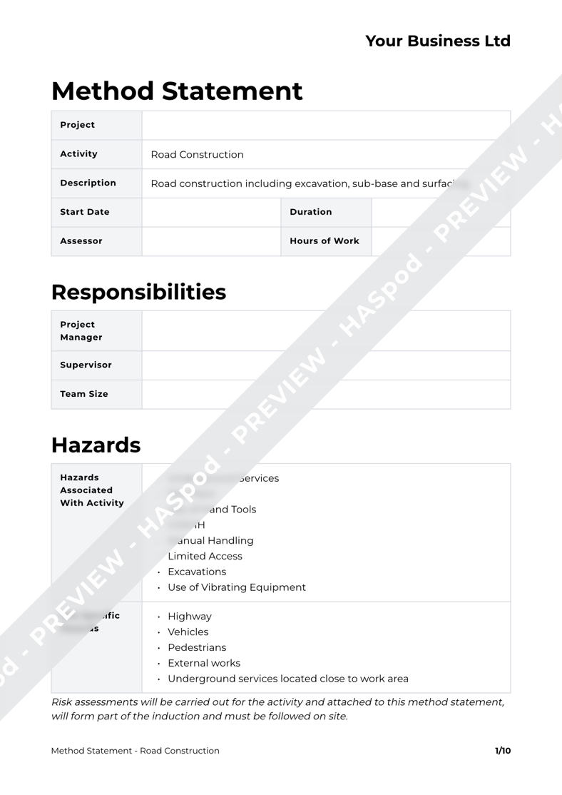 Road Construction Method Statement Template - HASpod