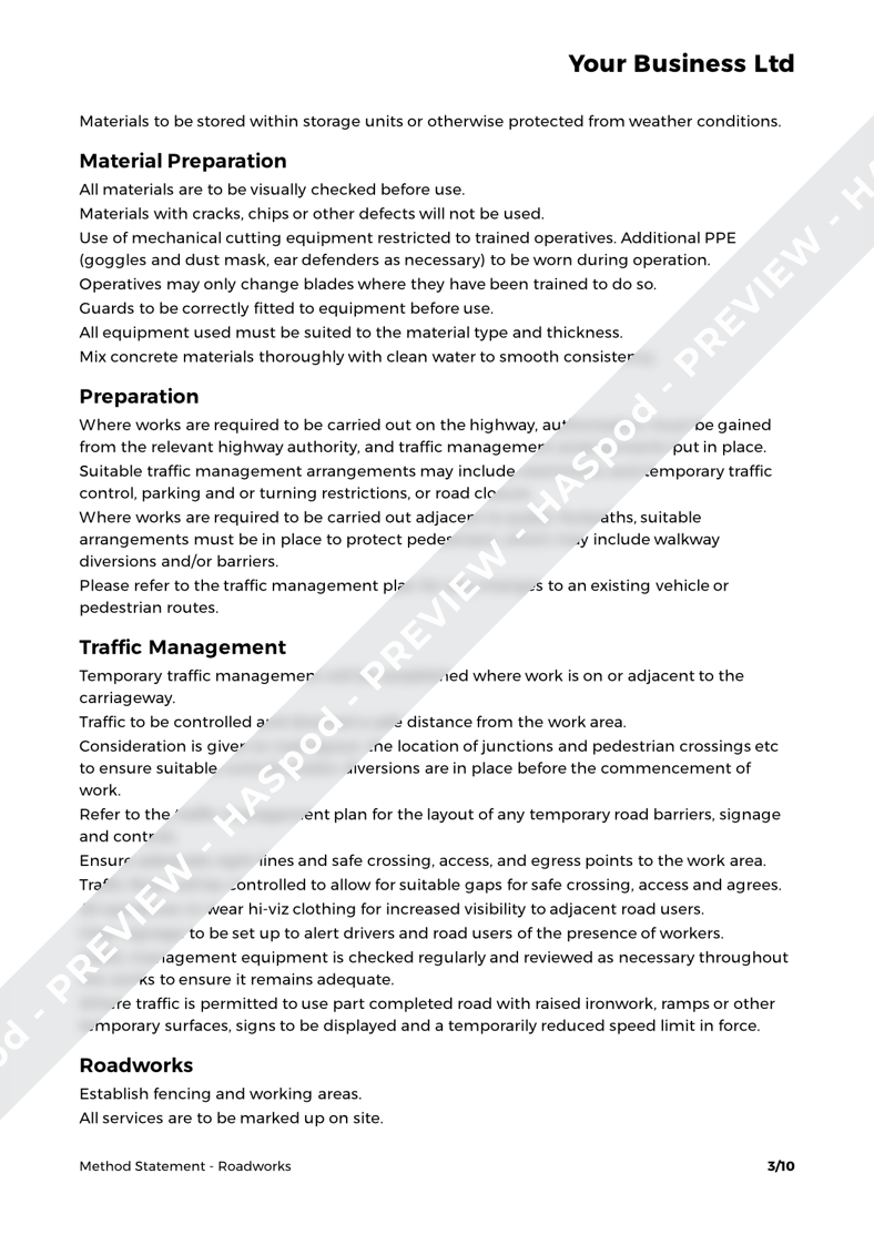 Roadworks Method Statement Template - HASpod