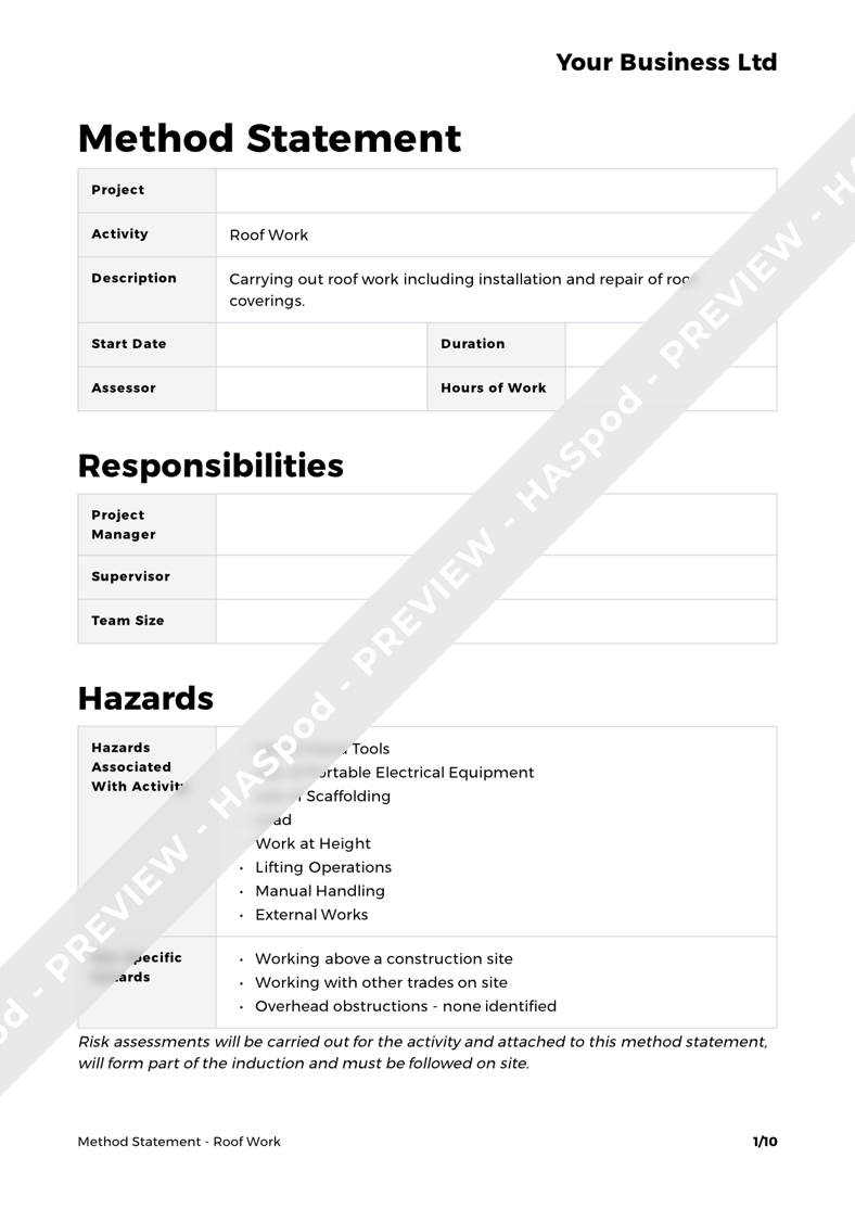 Roof Work Method Statement Template - HASpod