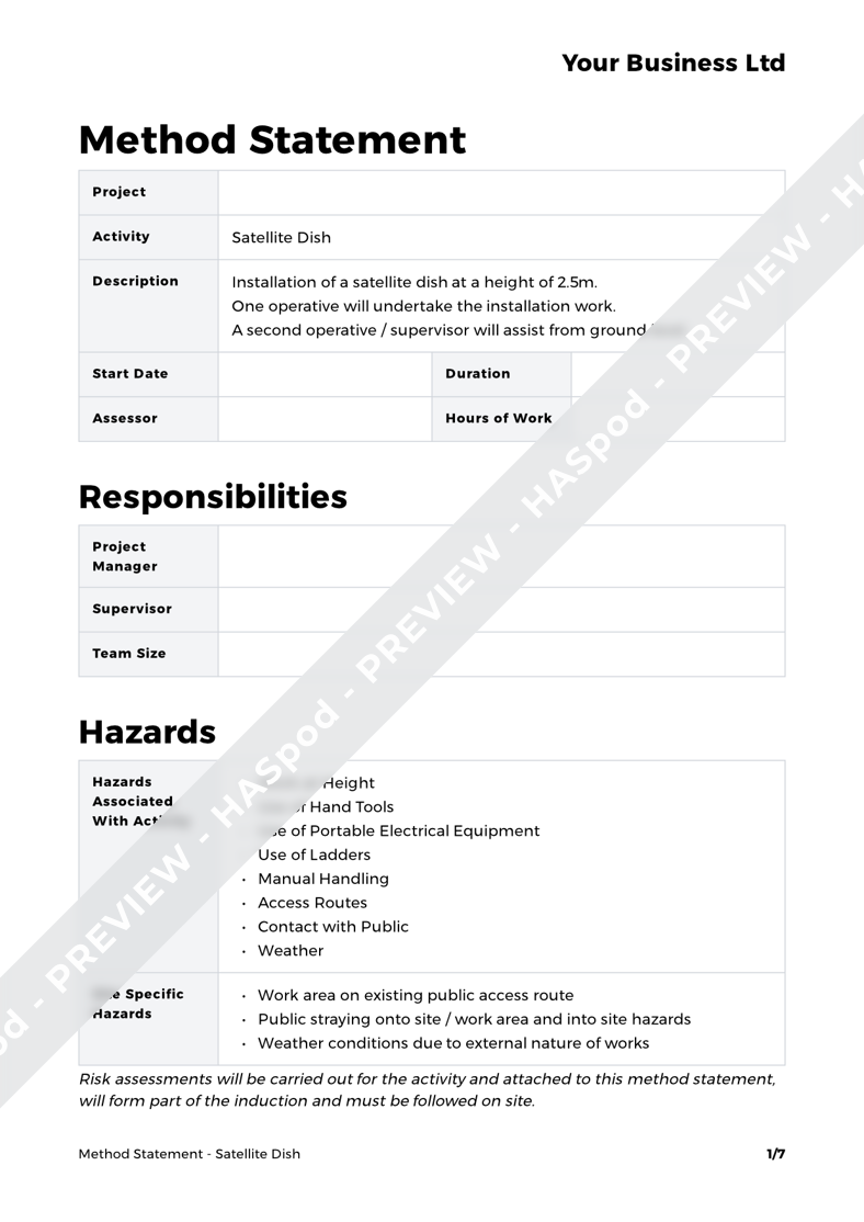 Satellite Dish Method Statement Template - HASpod