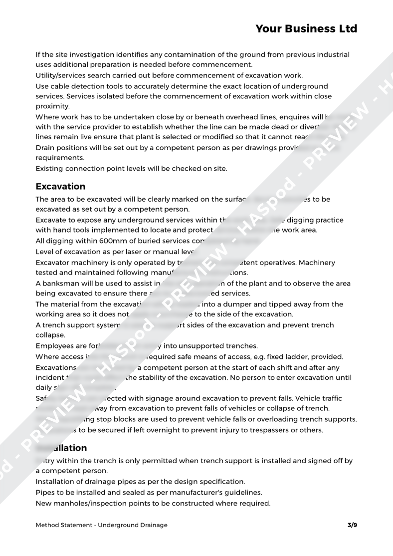 Underground Drainage Method Statement Template - HASpod