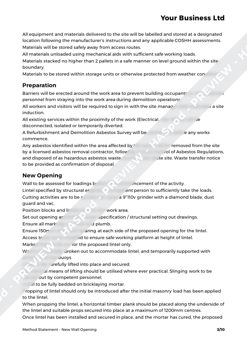 New Wall Opening Method Statement Template - HASpod