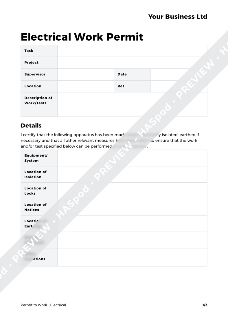 Electrical Permit to Work Template - HASpod