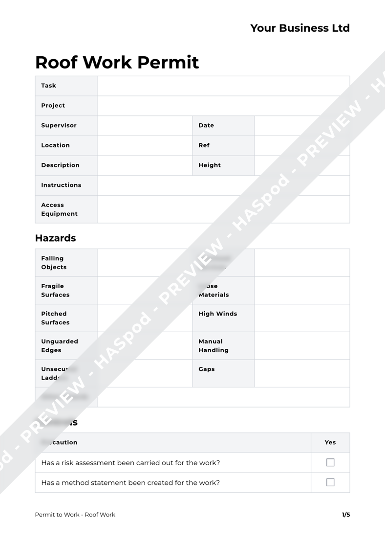 Roof Work Permit to Work Template - HASpod