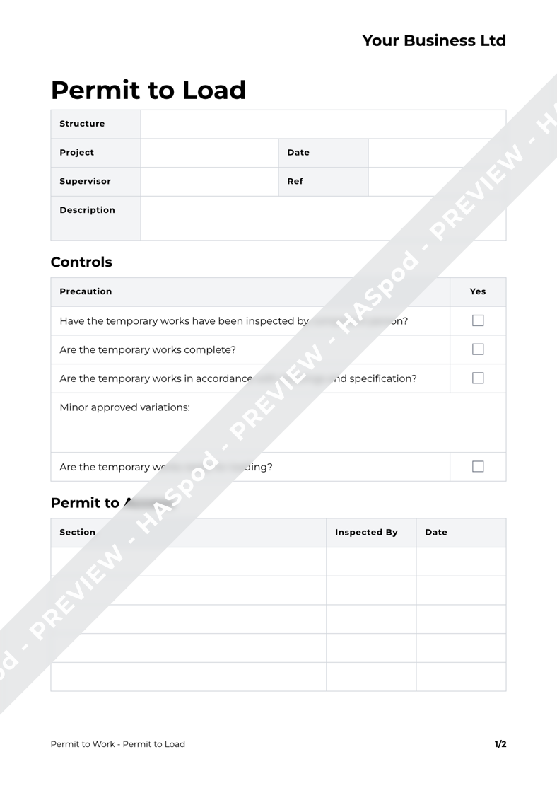 Permit to Load Permit to Work Template - HASpod