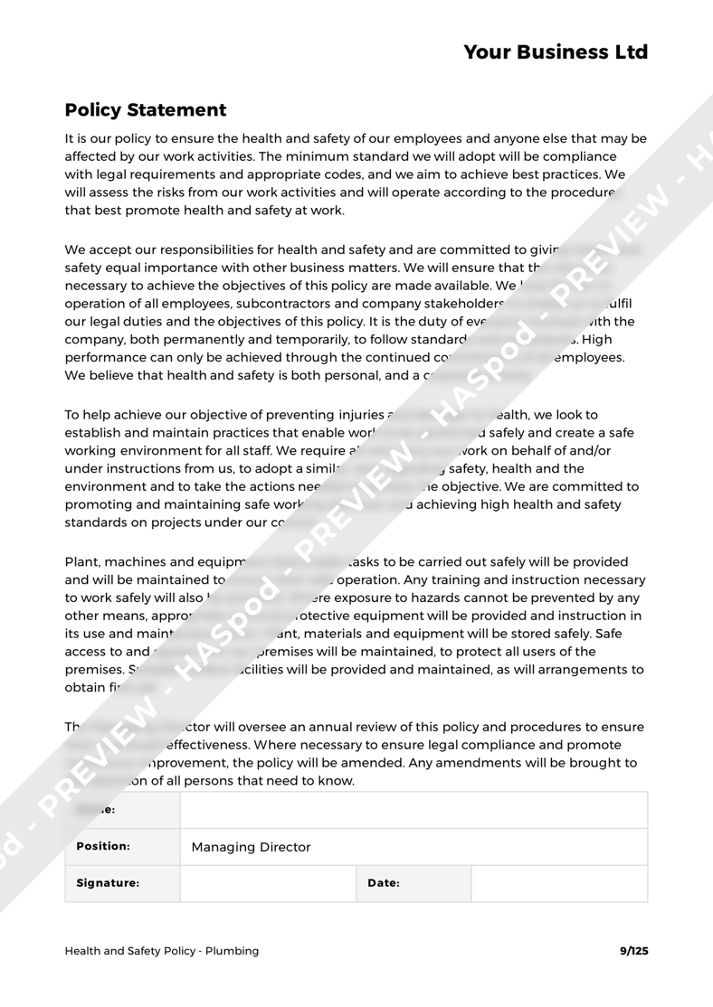 Plumbing Health and Safety Policy Template - HASpod