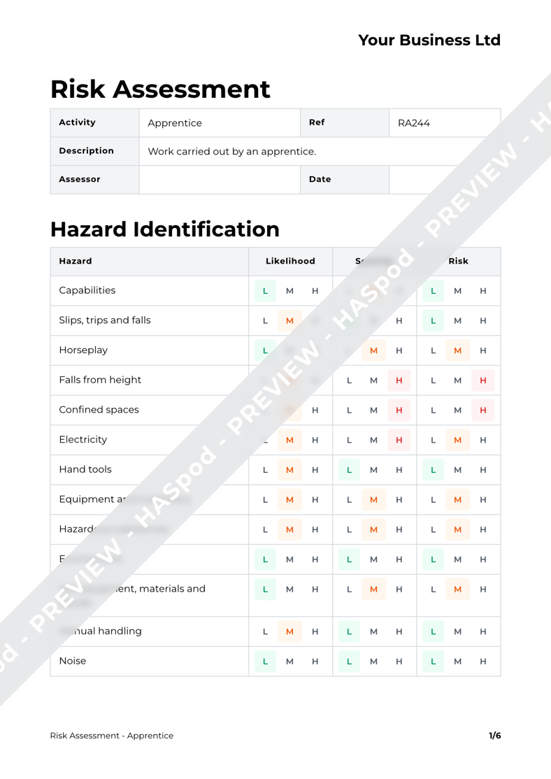 Apprentice Risk Assessment Template - HASpod
