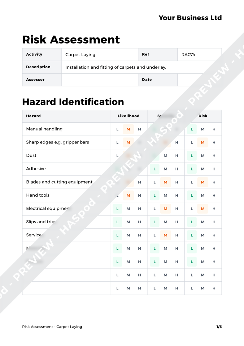 Carpet Laying Risk Assessment Template - HASpod