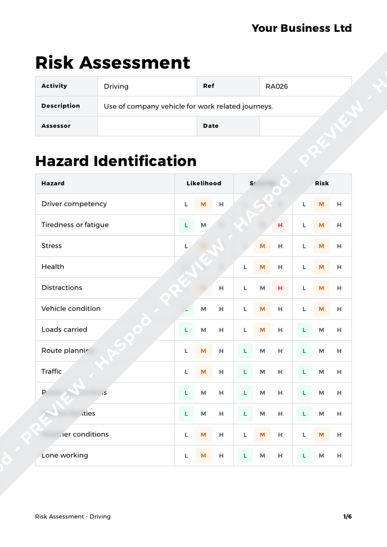 Driving Risk Assessment Template - HASpod