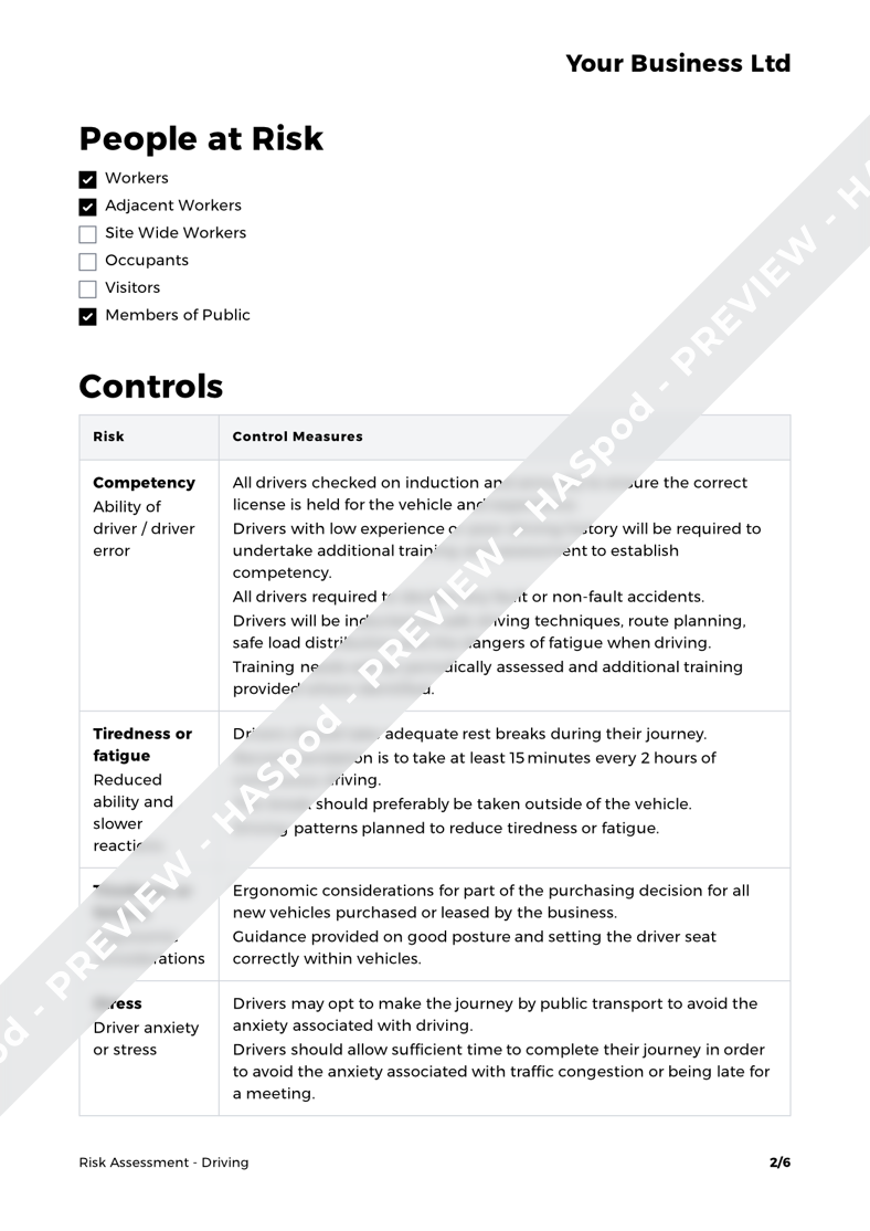Driving Risk Assessment Template - HASpod