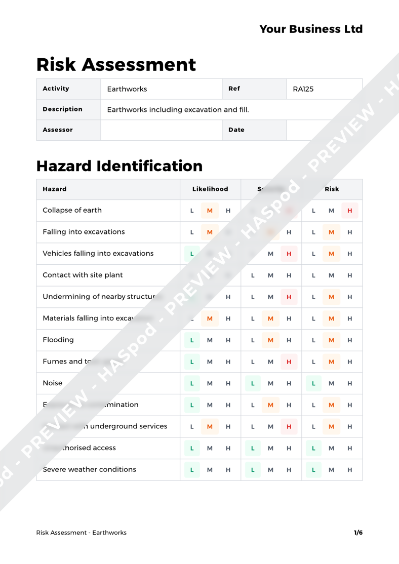 Earthworks Risk Assessment Template - HASpod