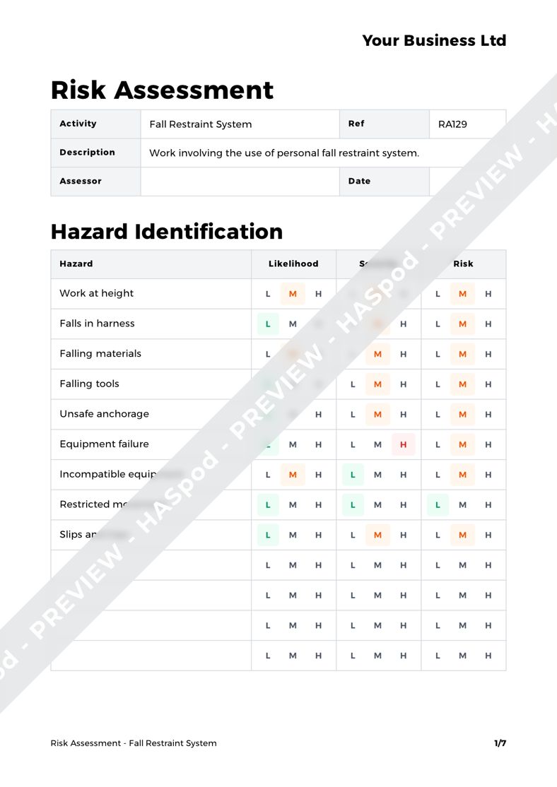 Fall Restraint System Risk Assessment Template - HASpod