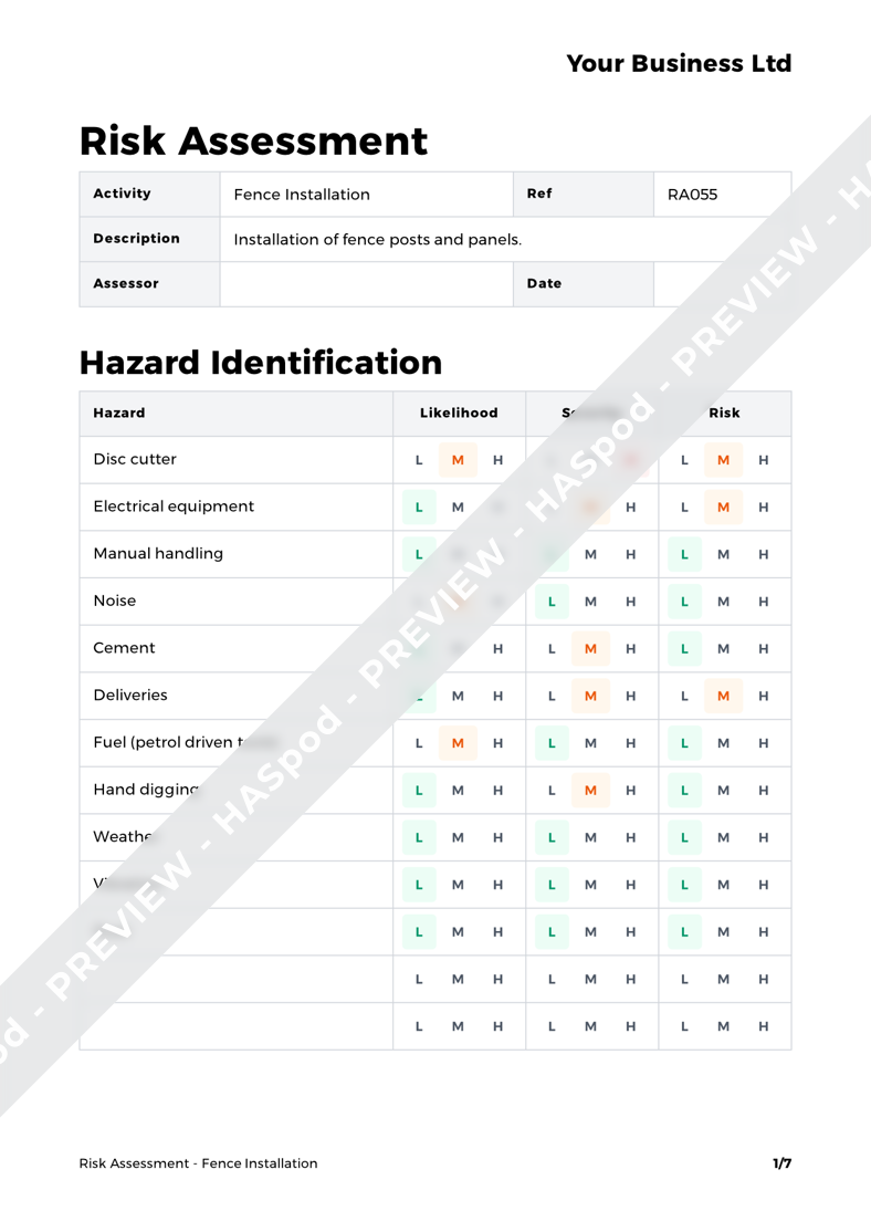 Fence Installation Risk Assessment Template - HASpod