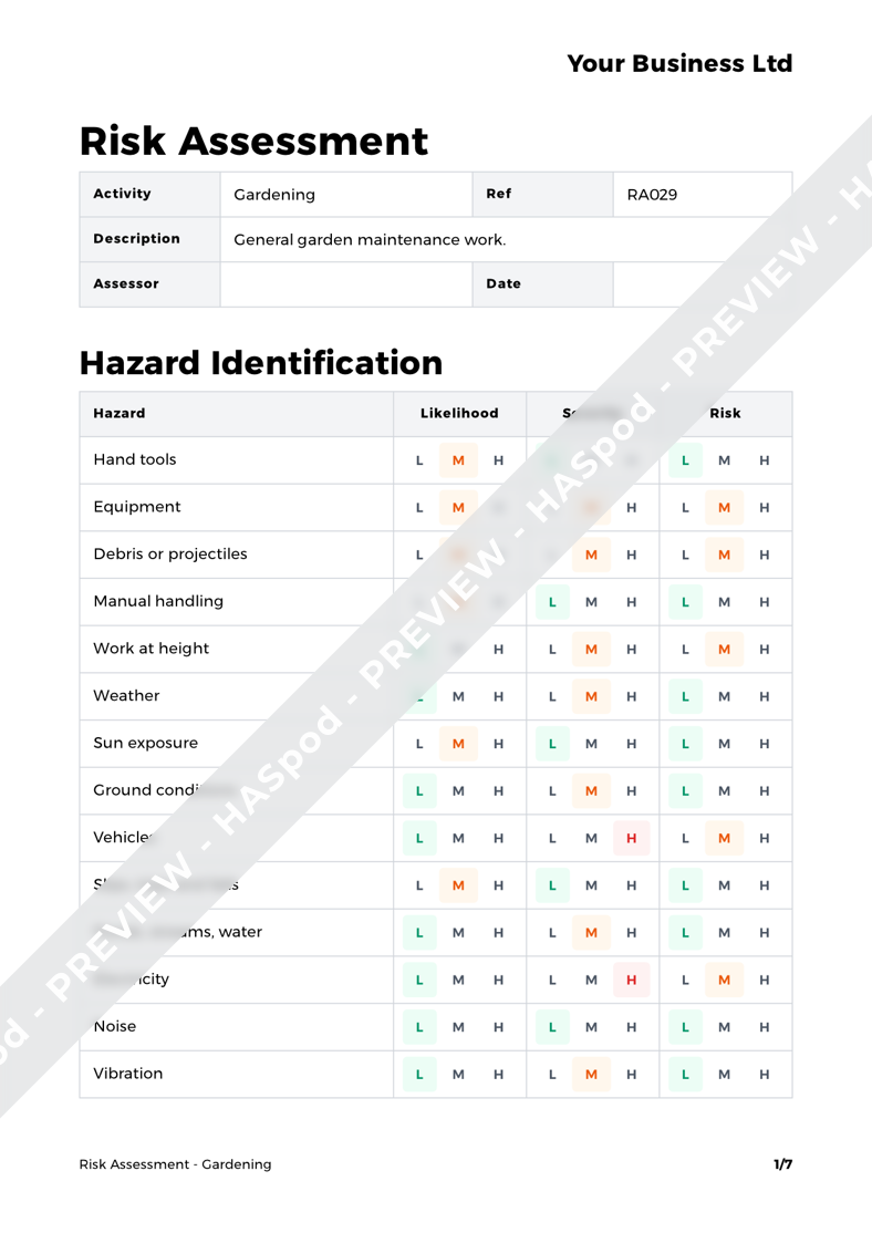 Gardening Risk Assessment Template - HASpod