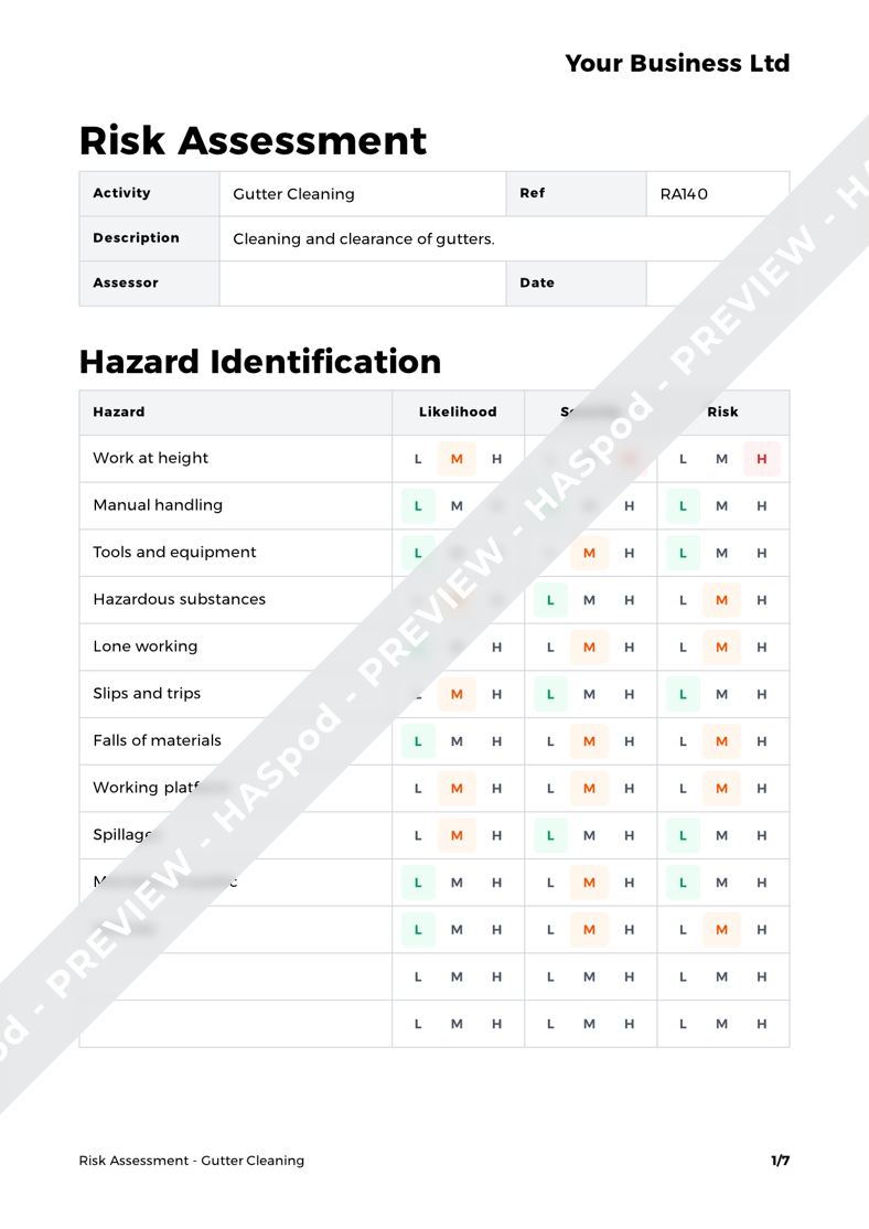 Gutter Cleaning Risk Assessment Template - HASpod