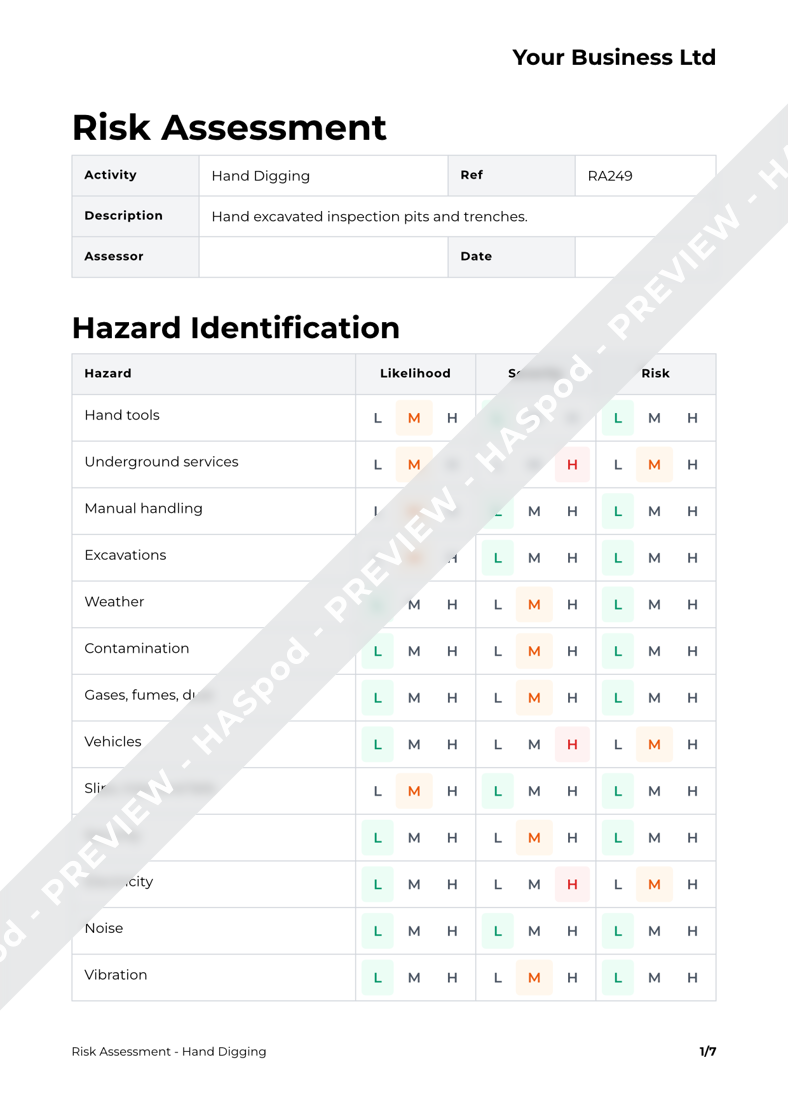 Hand Digging Risk Assessment Template - HASpod