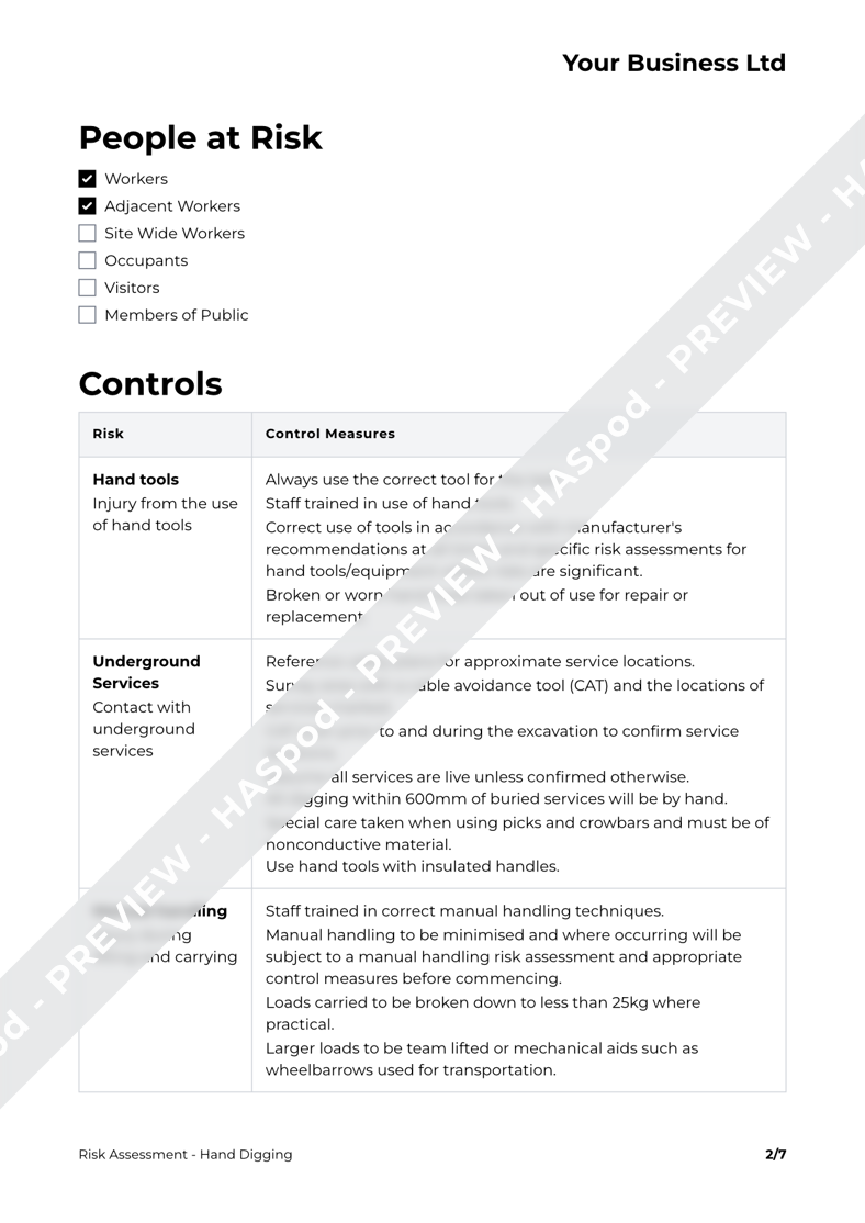 Hand Digging Risk Assessment Template - HASpod
