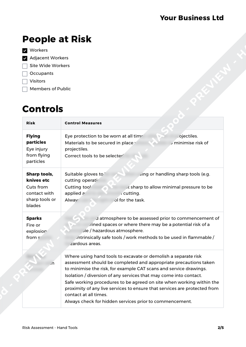 Hand Tools Risk Assessment Template - HASpod