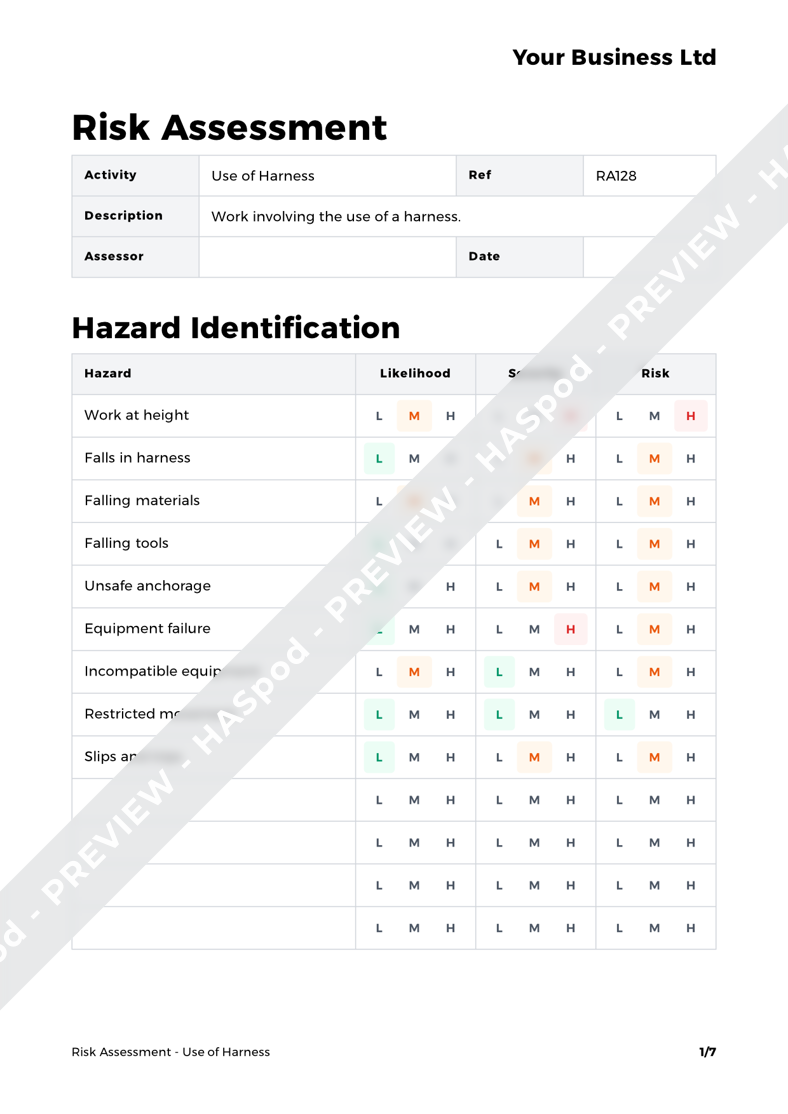 Use of Harness Risk Assessment Template - HASpod