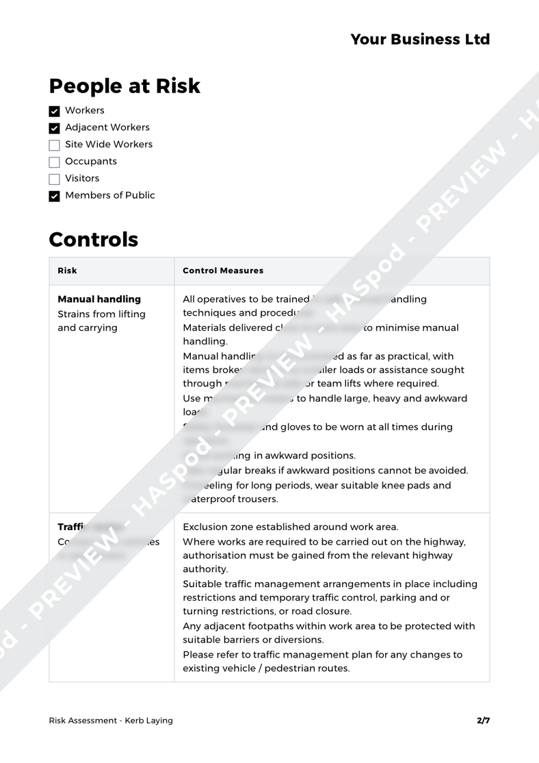 Kerb Laying Risk Assessment Template - HASpod