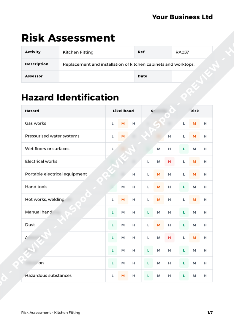 Kitchen Fitting Risk Assessment Template - HASpod