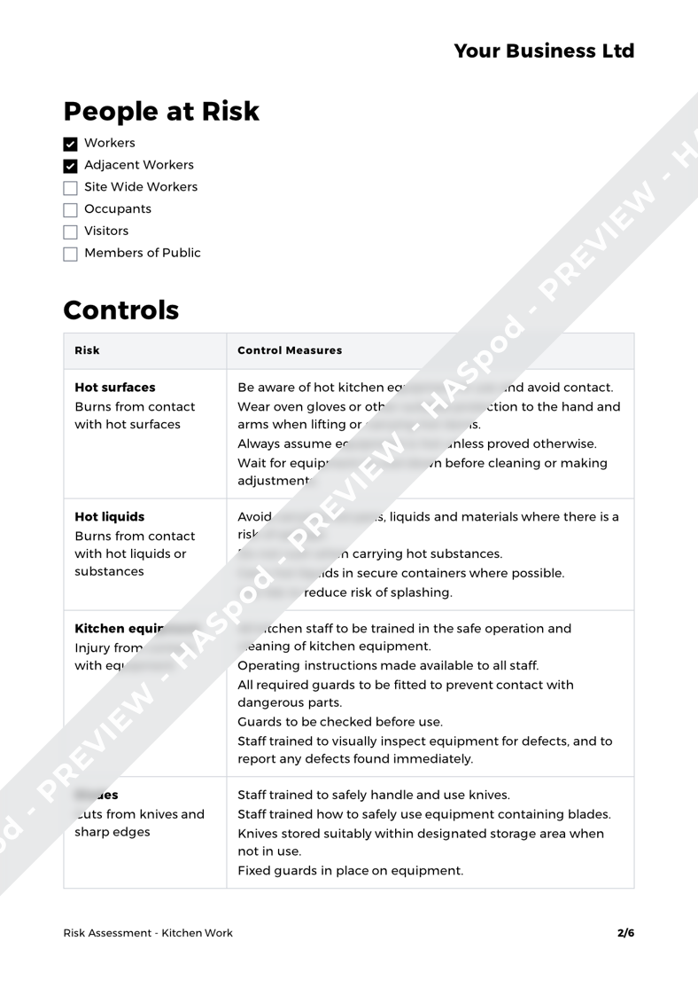 Kitchen Work Risk Assessment Template - HASpod