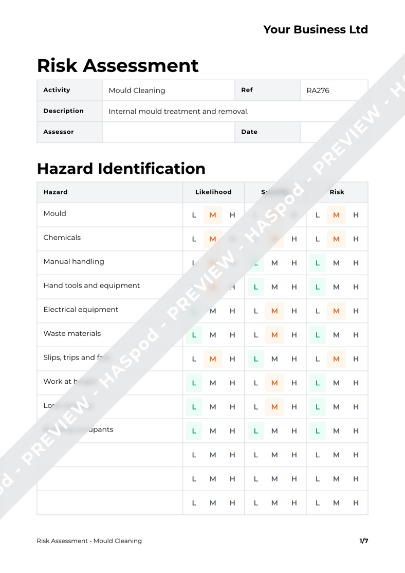 Mould Cleaning Risk Assessment Template - HASpod