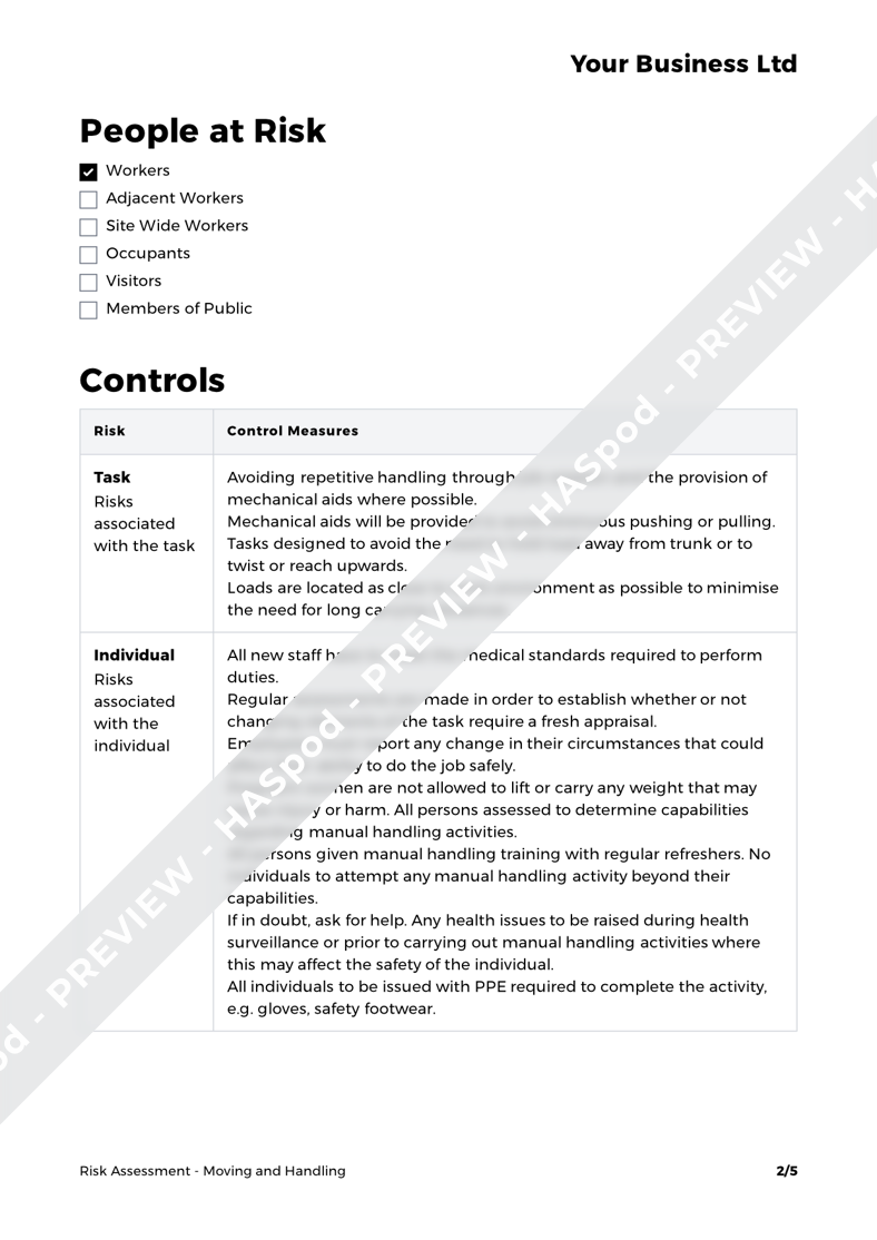 Moving and Handling Risk Assessment Template - HASpod