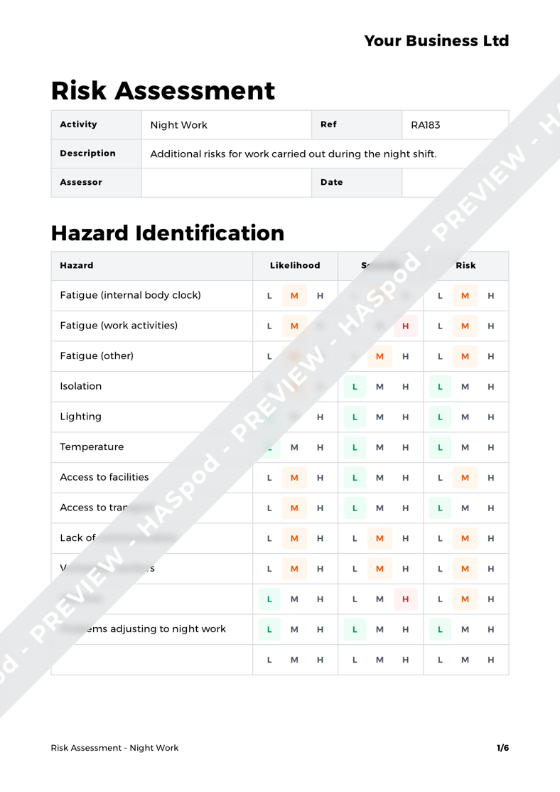 Night Work Risk Assessment Template - HASpod