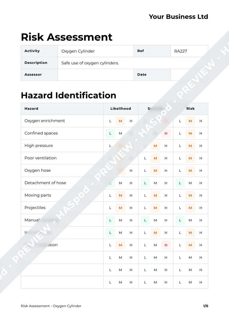 Oxygen Cylinder Risk Assessment Template - HASpod