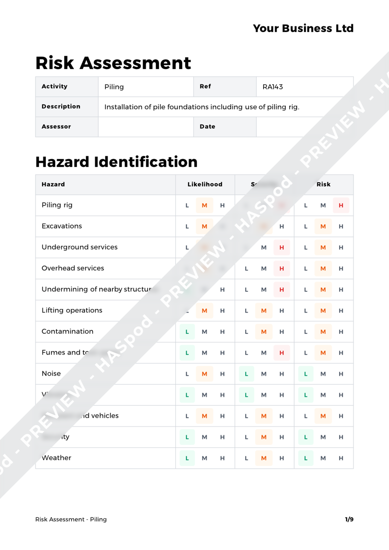Piling Risk Assessment Template - HASpod