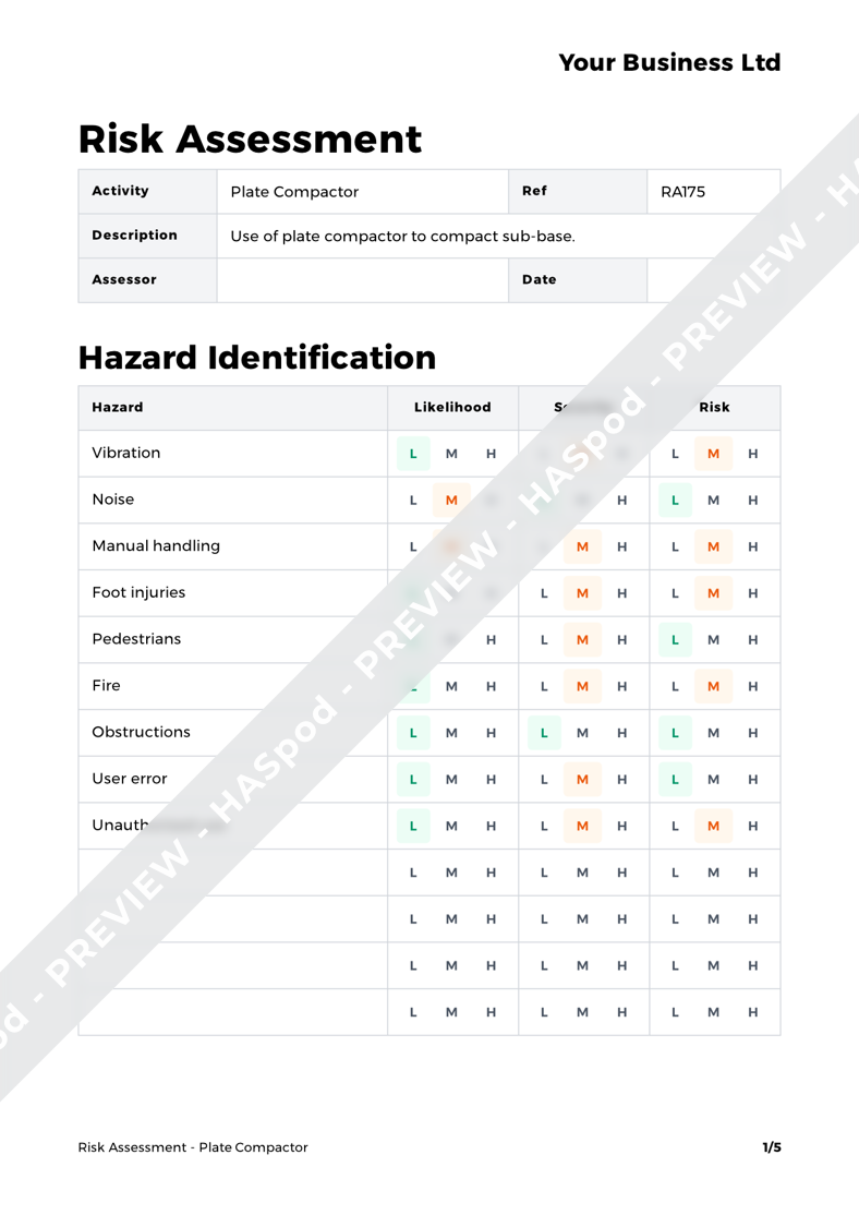 Plate Compactor Risk Assessment Template - HASpod