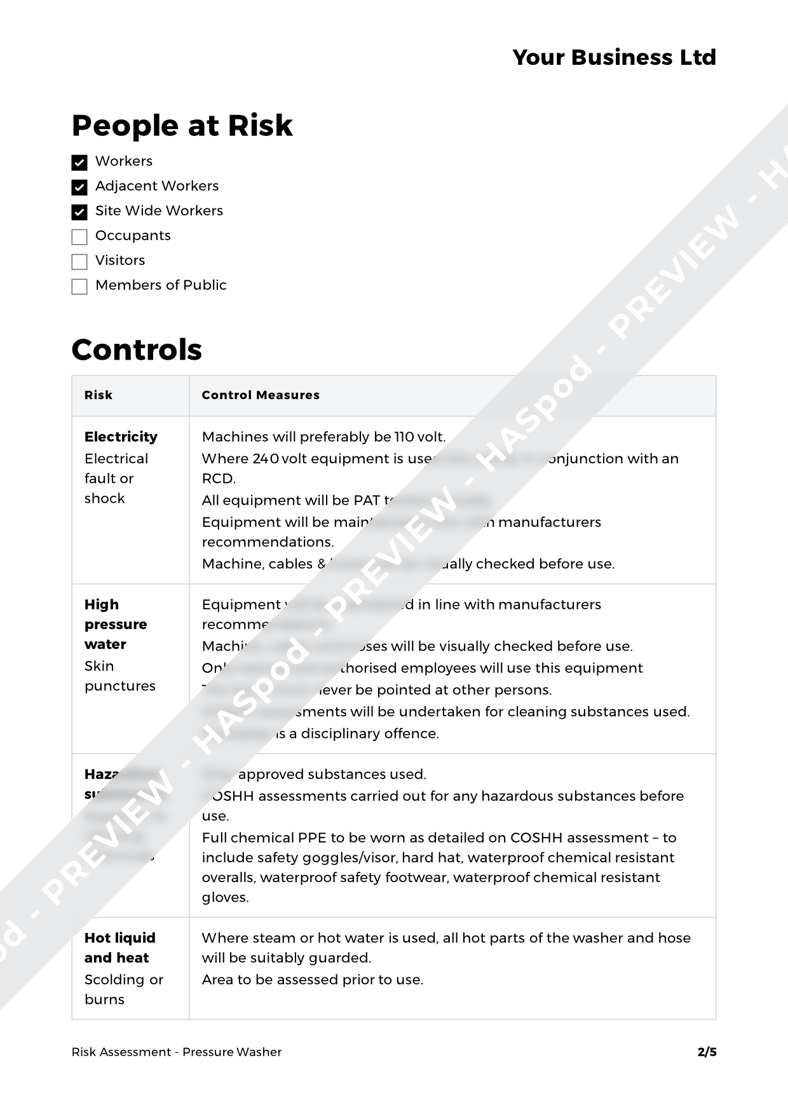 Pressure Washer Risk Assessment Template - HASpod