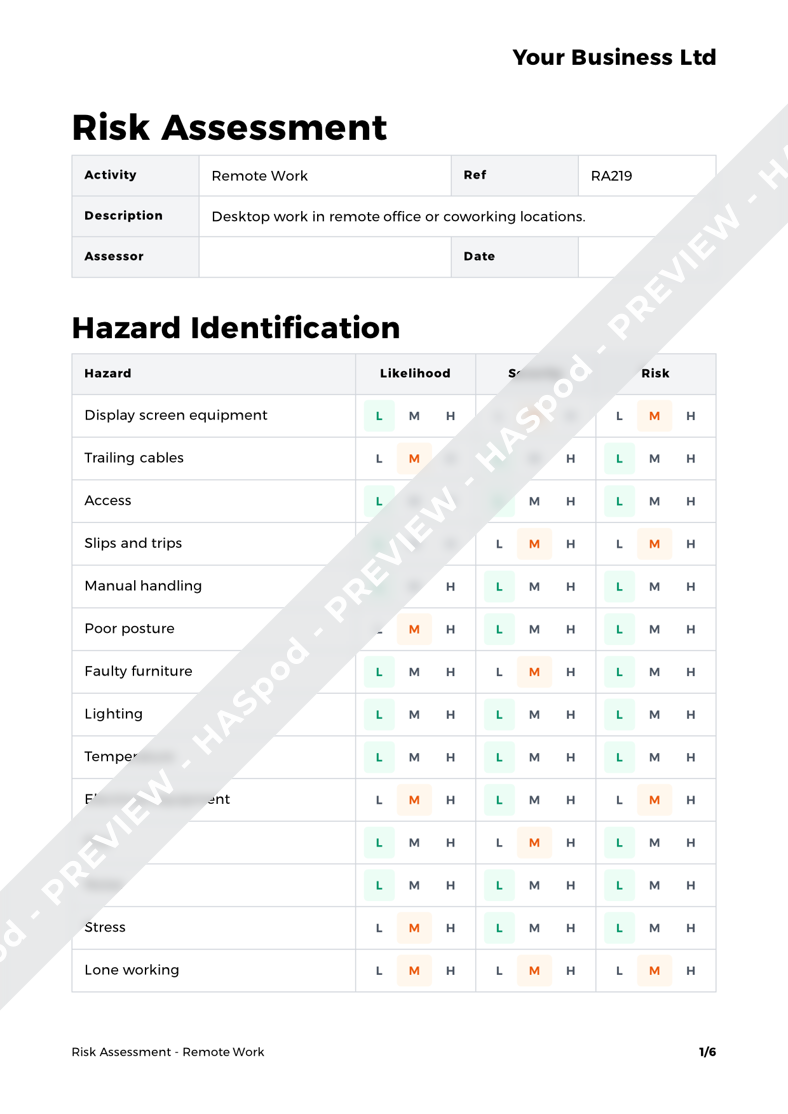 Remote Work Risk Assessment Template - HASpod