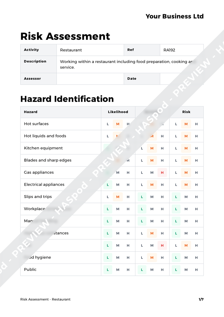 Restaurant Risk Assessment Template - HASpod