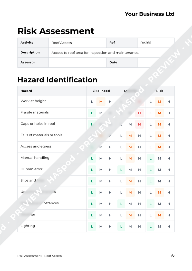 Roof Access Risk Assessment Template - HASpod