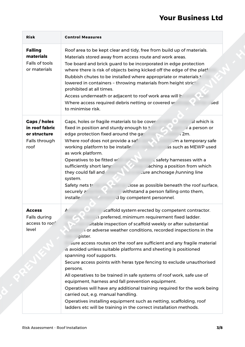Roof Installation Risk Assessment Template - HASpod