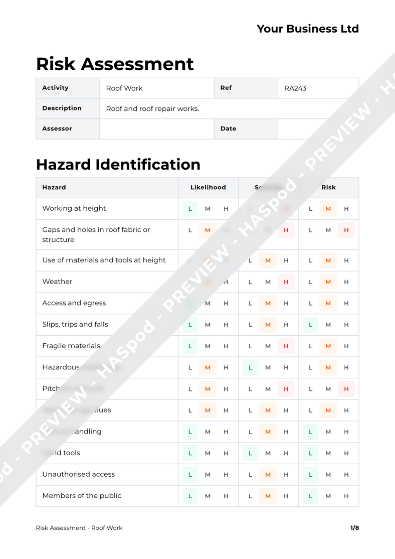 Roof Work Risk Assessment Template - HASpod
