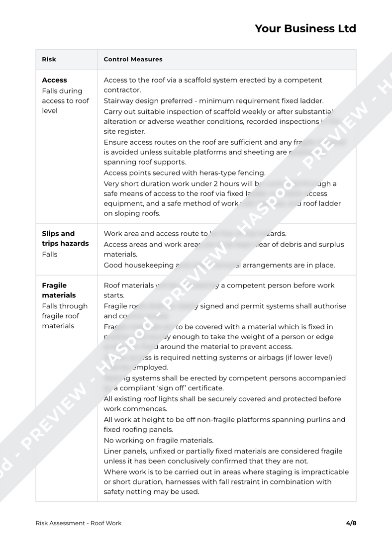 Roof Work Risk Assessment Template - HASpod