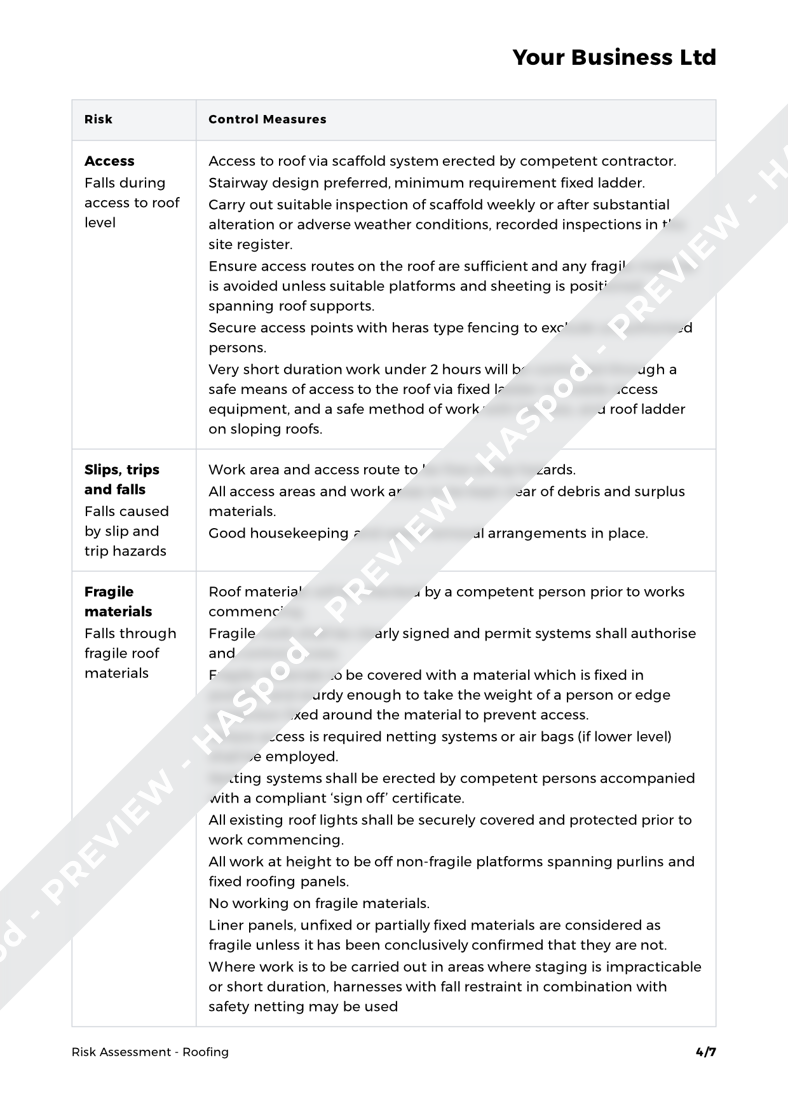 Roofing Risk Assessment Template - HASpod