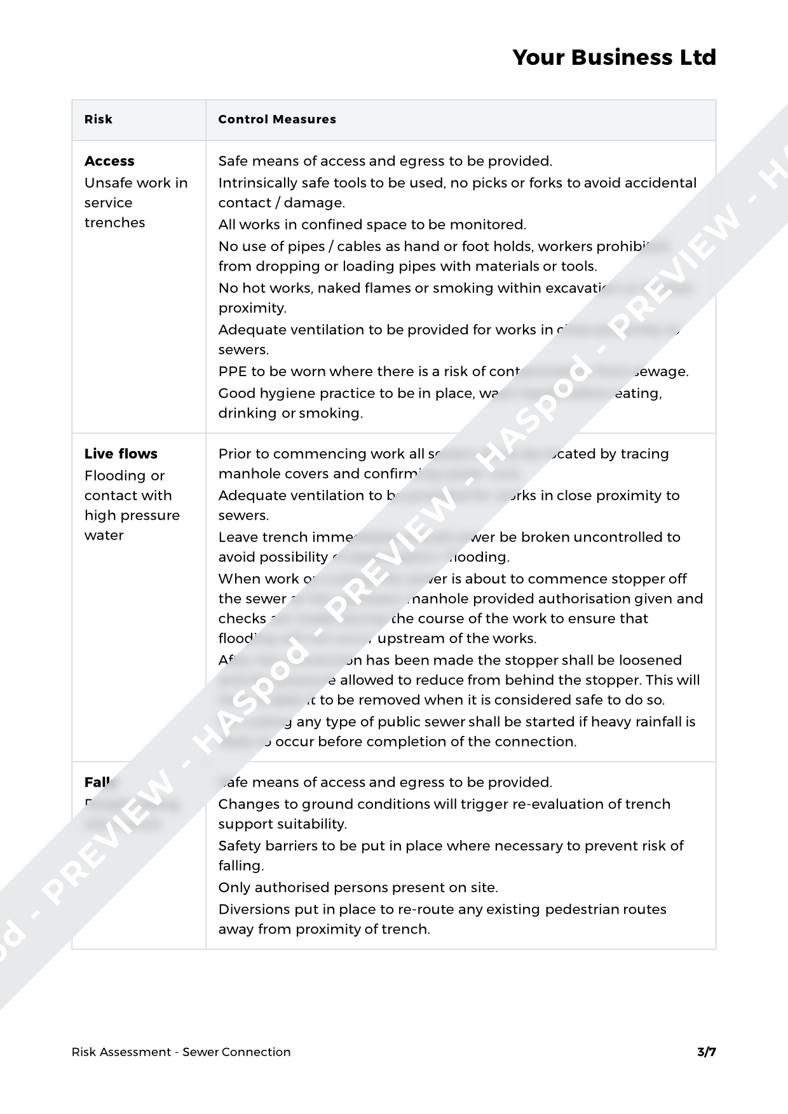 Sewer Connection Risk Assessment Template - HASpod