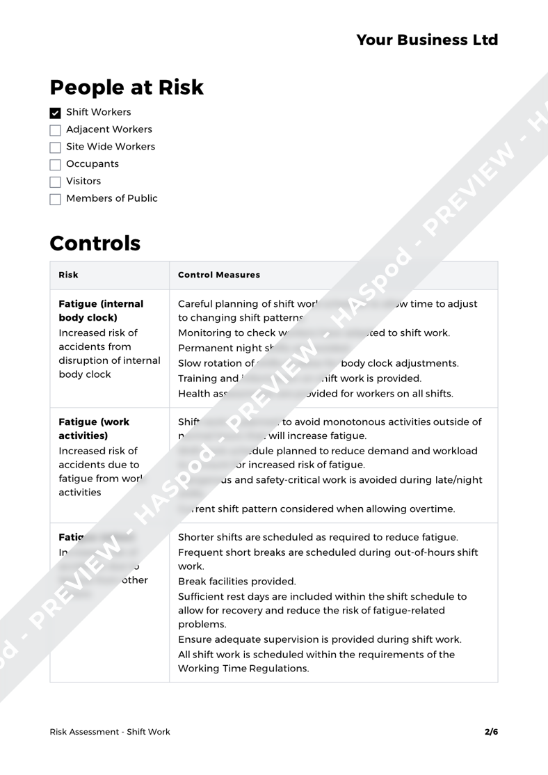Shift Work Risk Assessment Template - HASpod