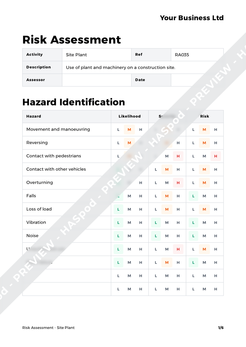 Site Plant Risk Assessment Template - HASpod