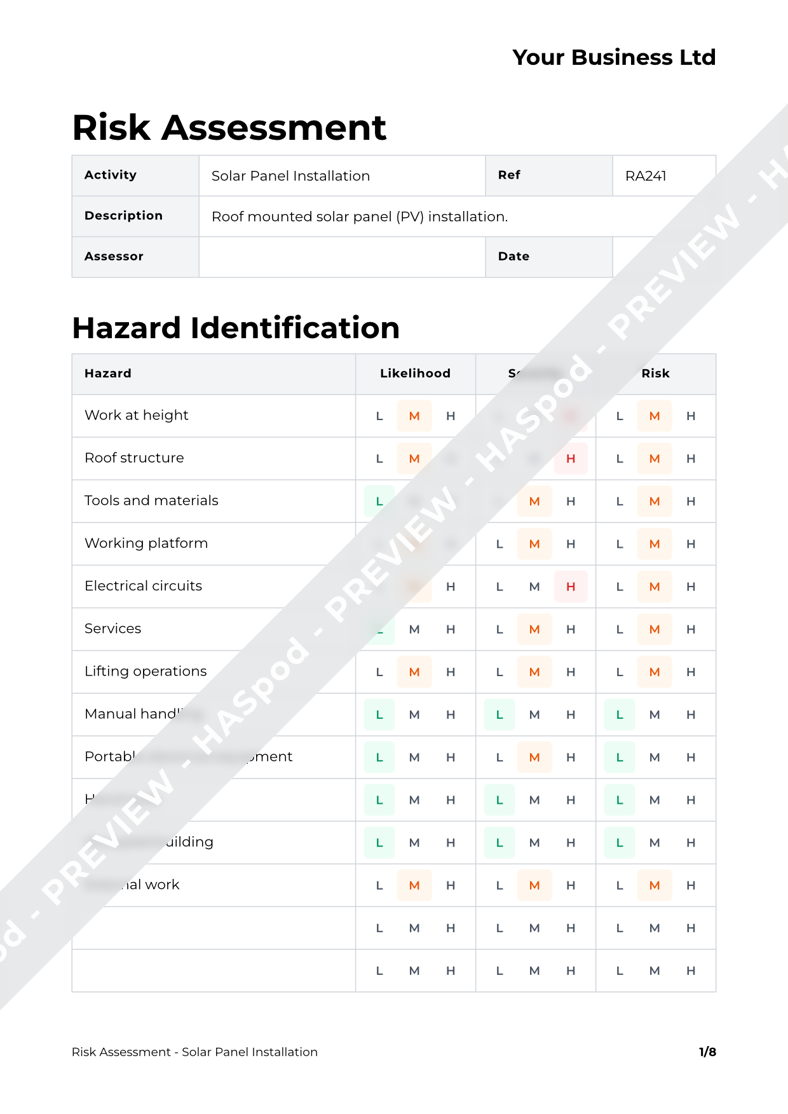 Solar Panel Installation Risk Assessment Template - HASpod