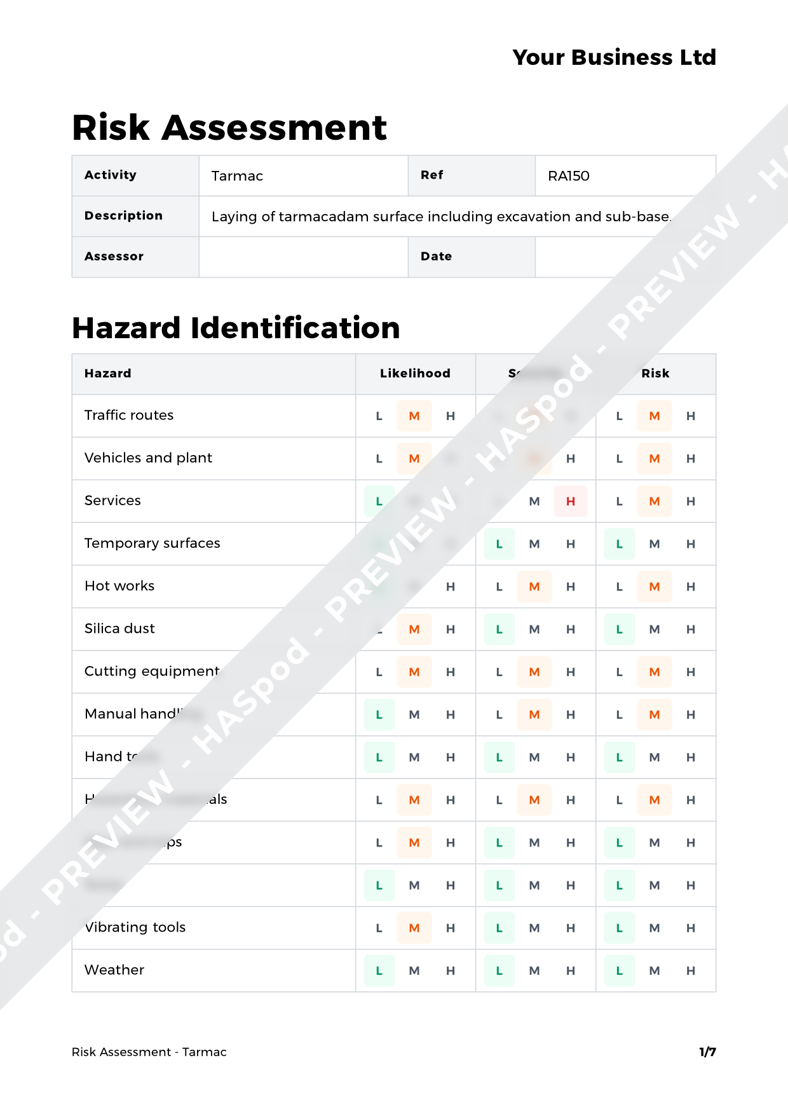 Tarmac Risk Assessment Template - HASpod